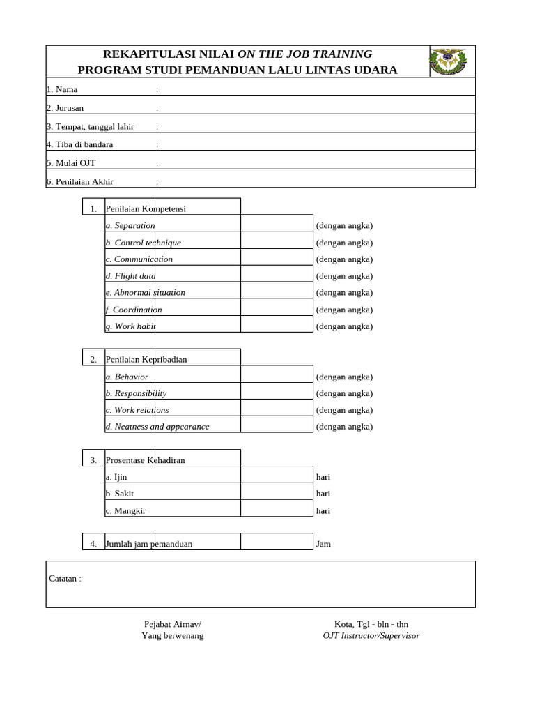 Rekapitulasi Nilai Ojt Pllu-1 | PDF