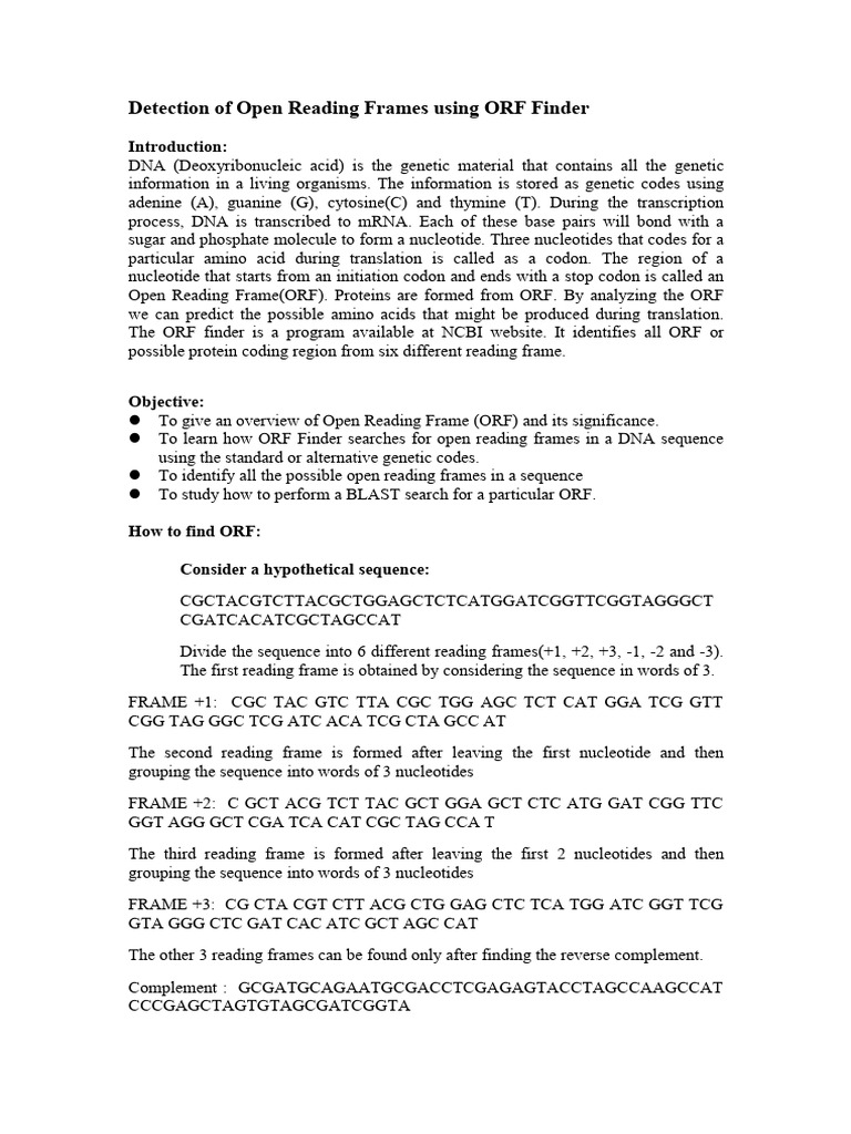 Detection of Open Reading Frames Using ORF Finder | PDF