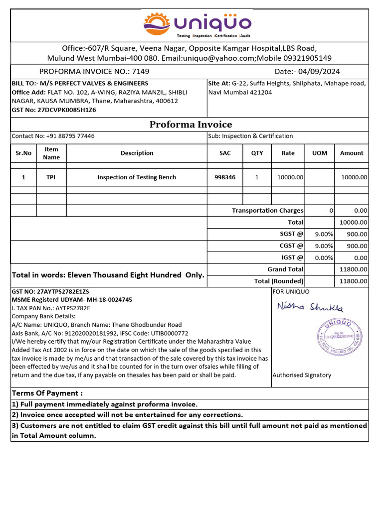 Uniquo Proforma Invoice - 7149 - Perfect Valves & Engineers - Mahape 55 ...