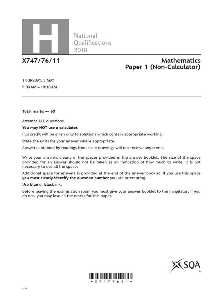 X747/76/11 Mathematics Paper 1 (Non-Calculator) : National Quali Cations 2018 | PDF