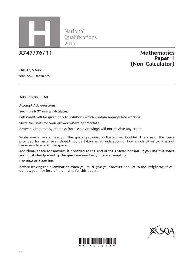 X747/76/11 Mathematics Paper 1 (Non-Calculator) : National Quali ...