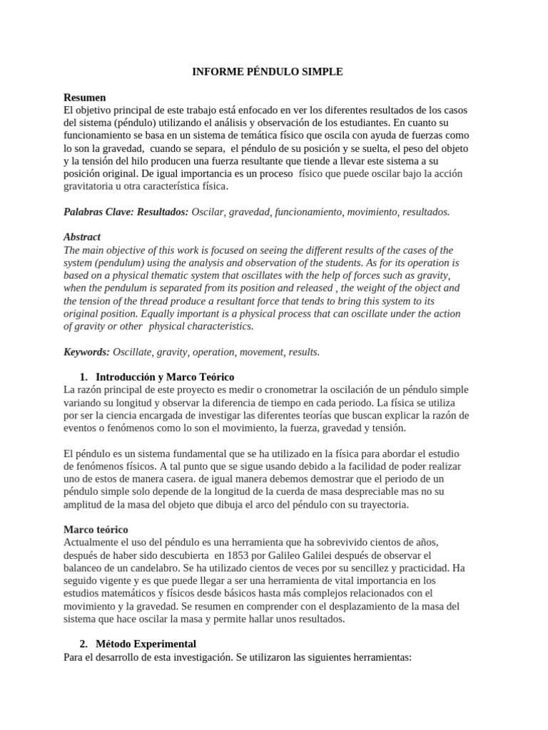 Informe Péndulo Simple (Definitivo) | PDF