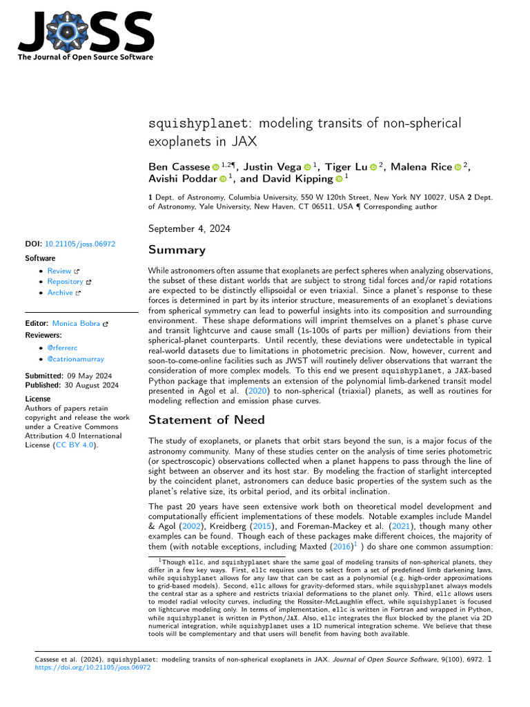 Modeling Transits of Non-Spherical Exoplanets in JAX: Squishyplanet | PDF