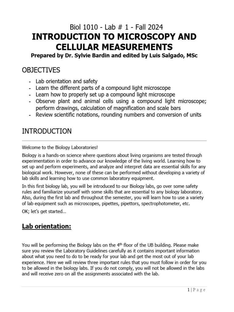 Lab 1 - Introduction To Microscopy - Introduction and Protocol-F2024 | PDF