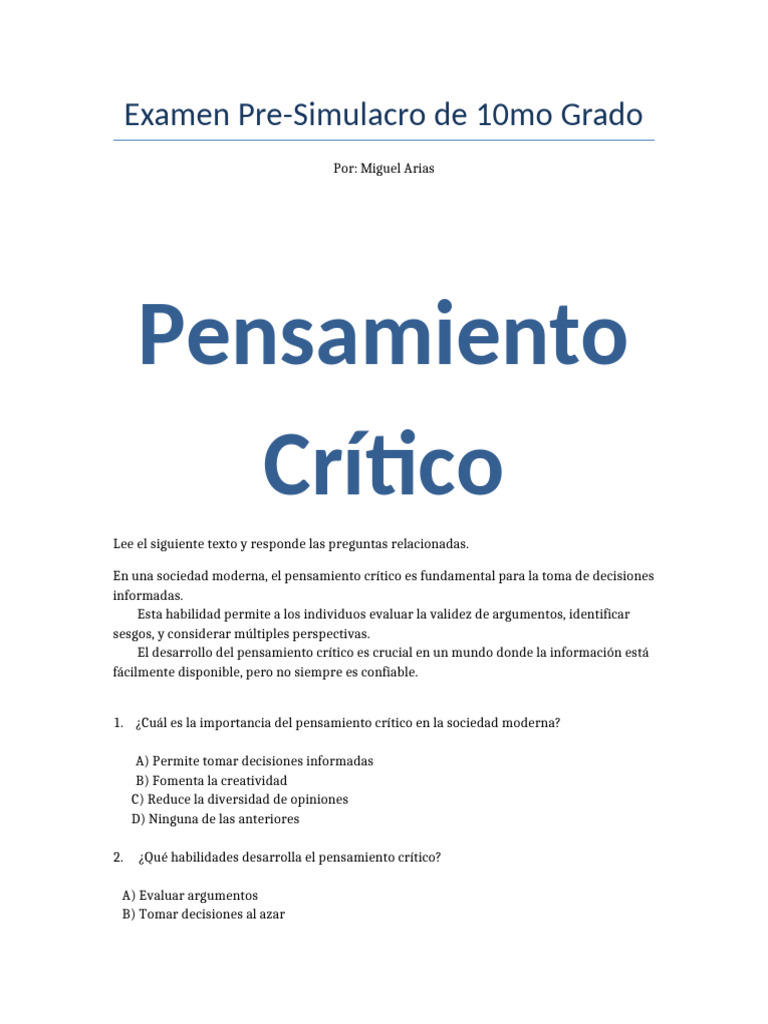 Examen PreSimulacro 10mo Grado | PDF