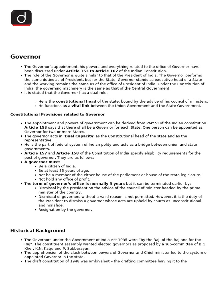 Governor: Article 153 To Article 162 | PDF