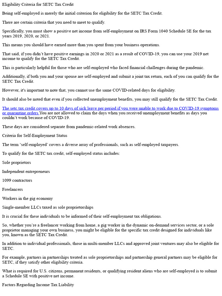 SETC Tax Credit Eligibility 194616 | PDF | Self Employment | Small ...