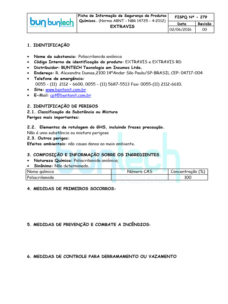 279 - FISPQ - BUNTECH - EXTRAVIS Pó 2016 | PDF