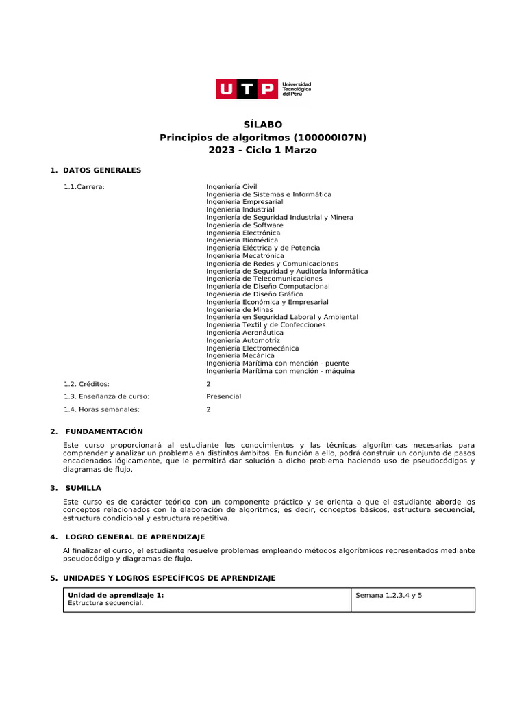 Sílabo Principios de Algoritmos | PDF | Algoritmos | Informática