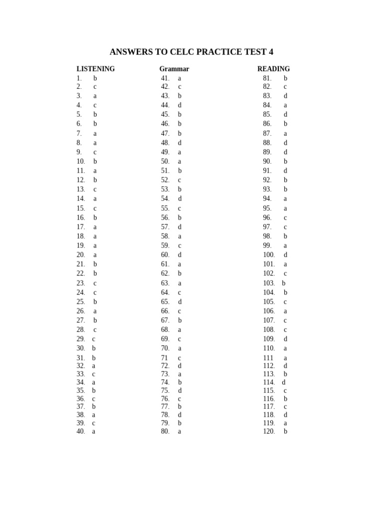 CELC Practice Test 4 Answer Key | PDF