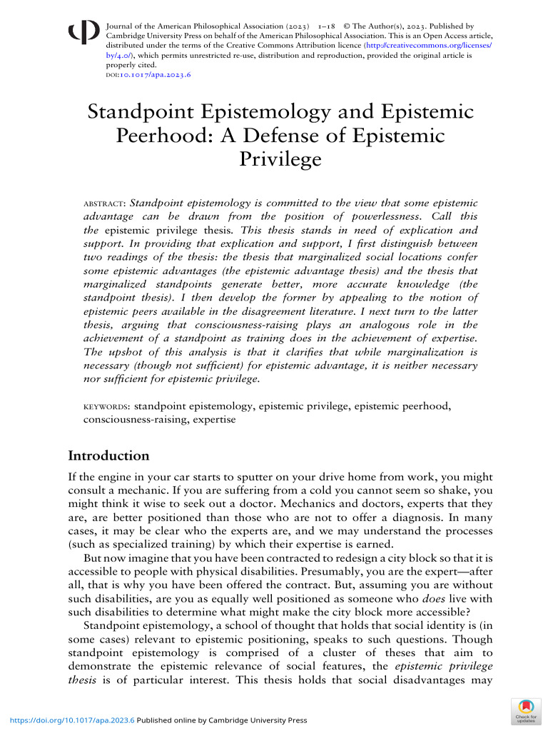 Standpoint Epistemology and Epistemic Peerhood A Defense of Epistemic ...