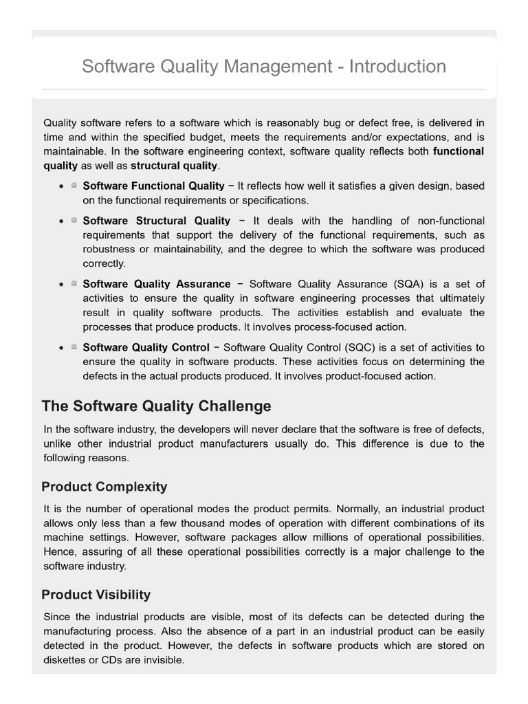 Software Quality Management - Introduction | PDF