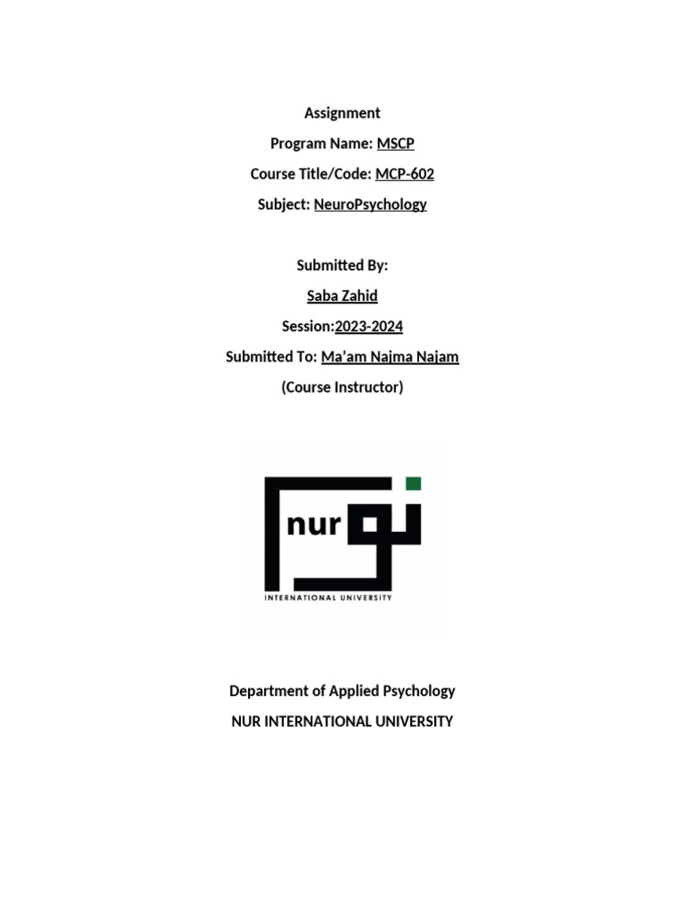 Neuro Assignment Mam Najma | PDF | Neuropsychology | Neuroscience