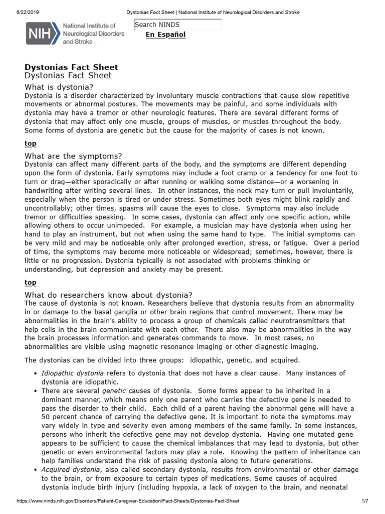 Dystonias Fact Sheet _ National Institute of Neurological Disorders and ...