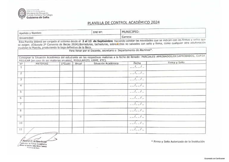 Planilla de Control Academico 2024 | PDF
