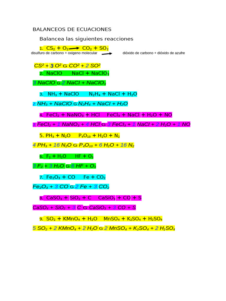 PDF Ejercicios de Balanceo Por Tanteo Word | PDF | Química Inorgánica ...