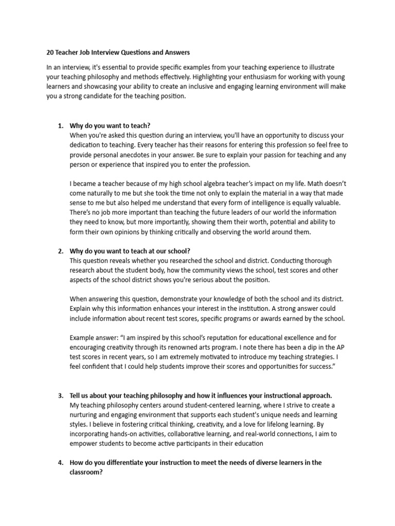 20 Teacher Job Interview Questions and Answers | PDF