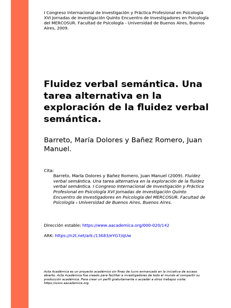 Barreto, María Dolores y Bañez Rom (... ) (2009) - Fluidez Verbal Semántica. Una Tarea ...