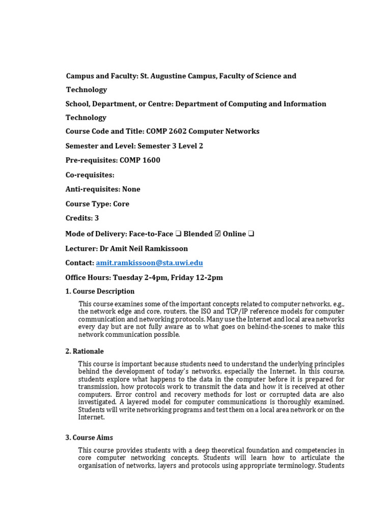 COMP 2602 - Computer Networks Course Outline 2023-2024 Semester III | PDF