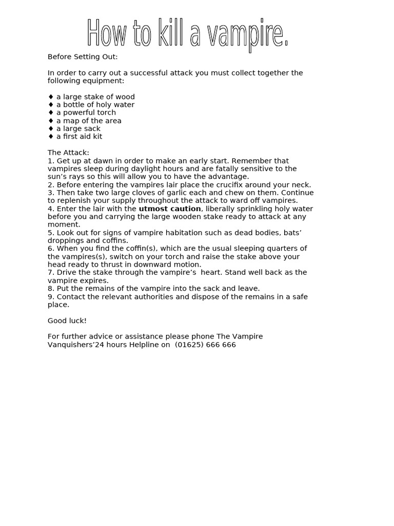 How To Kill A Vampire Instructions | PDF