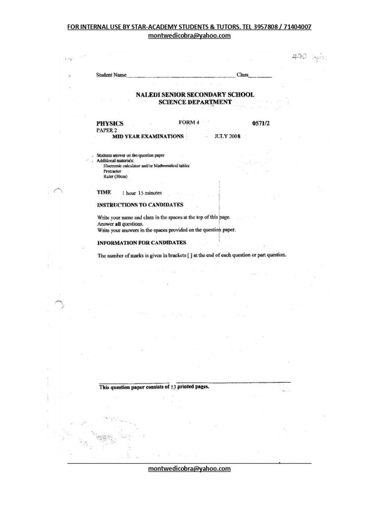 Bgcse Physics PP2 Naledi Form 4 | PDF