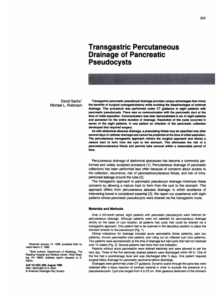Sacks Robinson 2012 Transgastric Percutaneous Drainage of Pancreatic ...