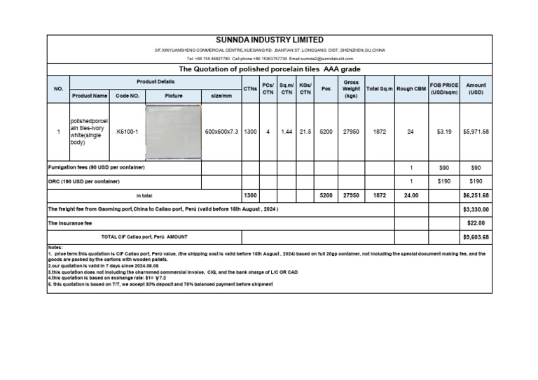 the Quotation List of the Polished Porcelain Tiles for Fidel Chacon 秘鲁 ...