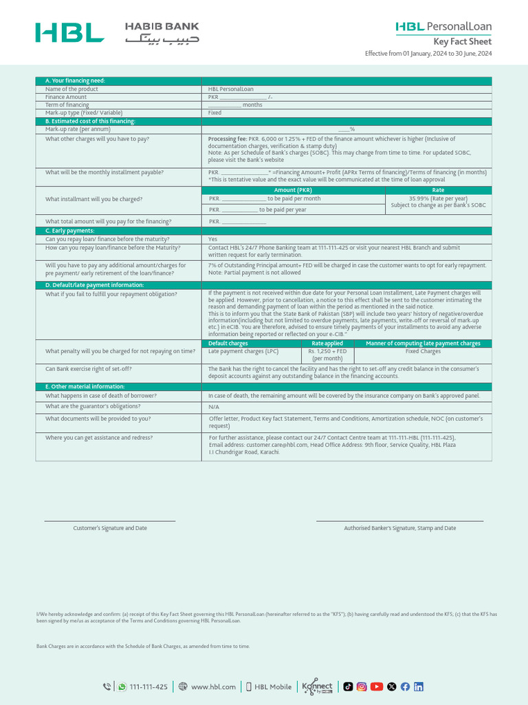 HBL PersonalLoans KFS (Eng.) - Jan - To June 2024 | PDF