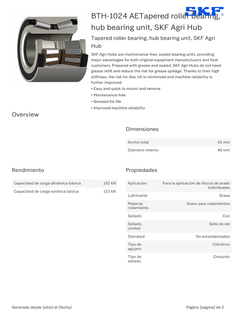 SKF BTH-1024 AETapered Roller Bearing, Hub Bearing Unit, SKF Agri Hub Specification | PDF