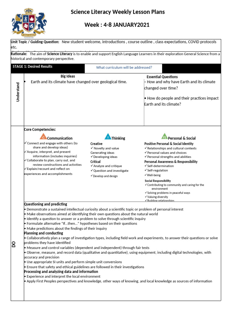 Science Literacy Lesson Plans Week 1 | PDF