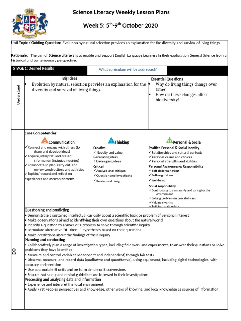 Science Literacy Lesson Plans Week 5 | PDF