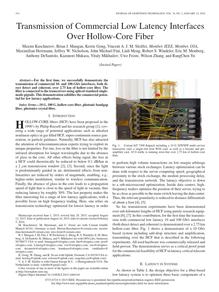Transmission of Commercial Low Latency Interfaces Over Hollow-Core ...