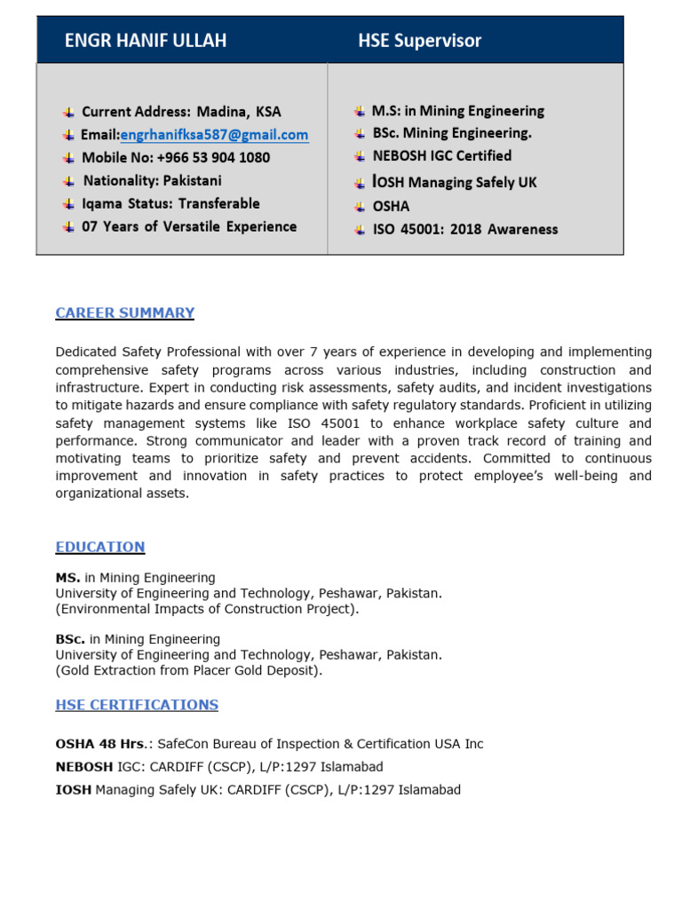 Engr Hanif - HSE Supervisor - CV | PDF