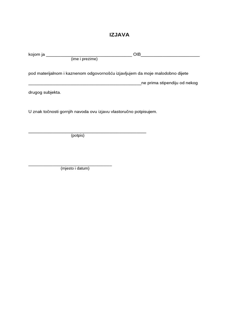 Izjava Roditelja Da Učenici Ne Primaju Drugu Stipendiju | PDF