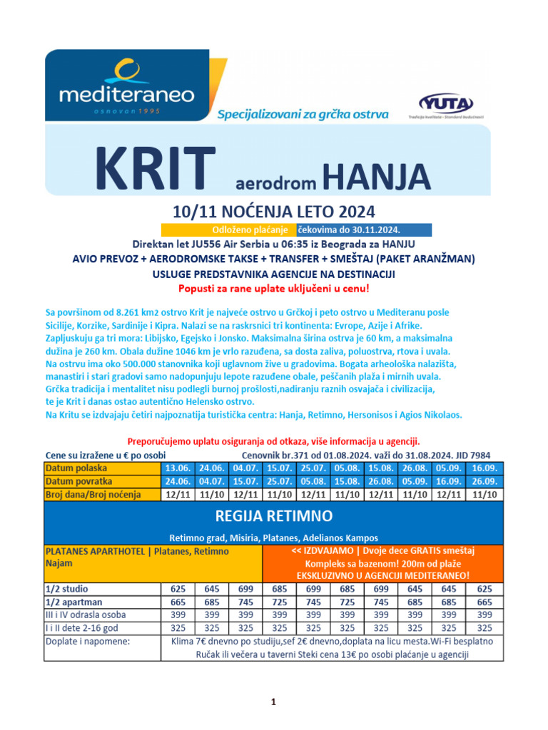 Cenovnik Krit Hanja Leto 2024 | PDF
