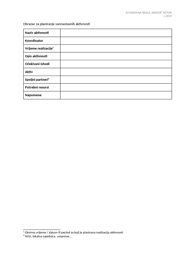 Obrazac Za Planiranje Vannastavnih Aktivnosti | PDF