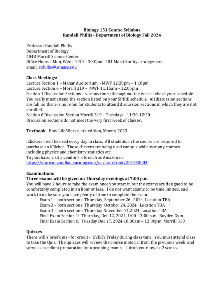 Biol151 2024 Course Syllabus-2 | PDF