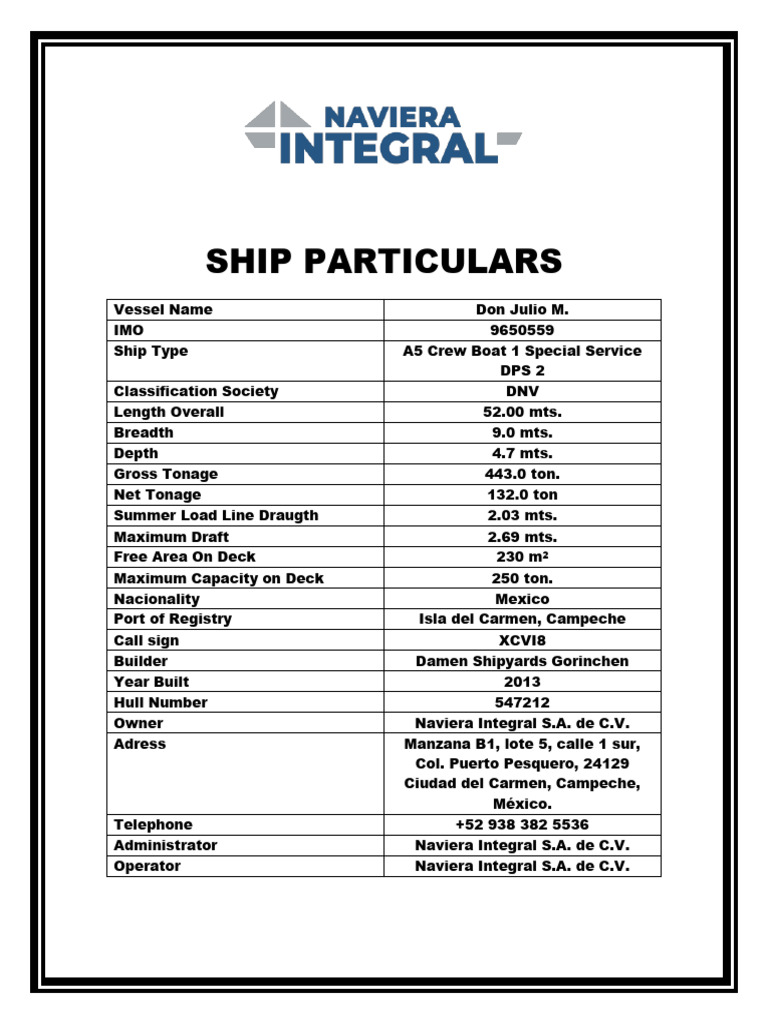 FSV-Don Julio SHIP PARTICULARS | PDF