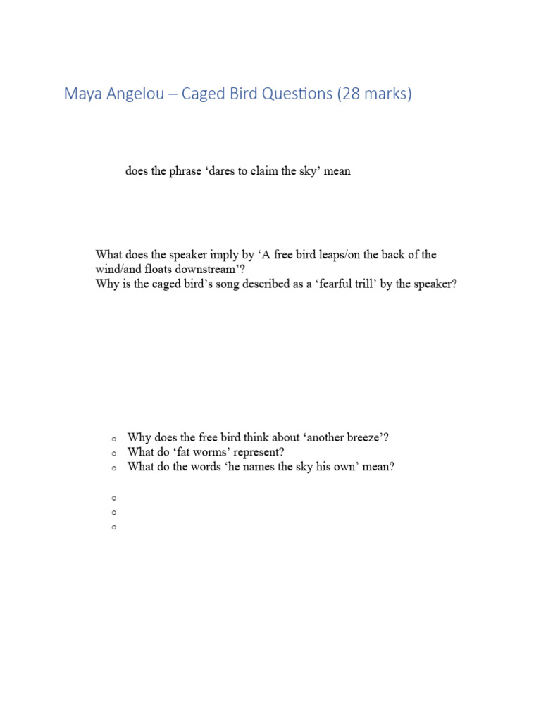 Maya Angelou Caged Bird Questions | PDF