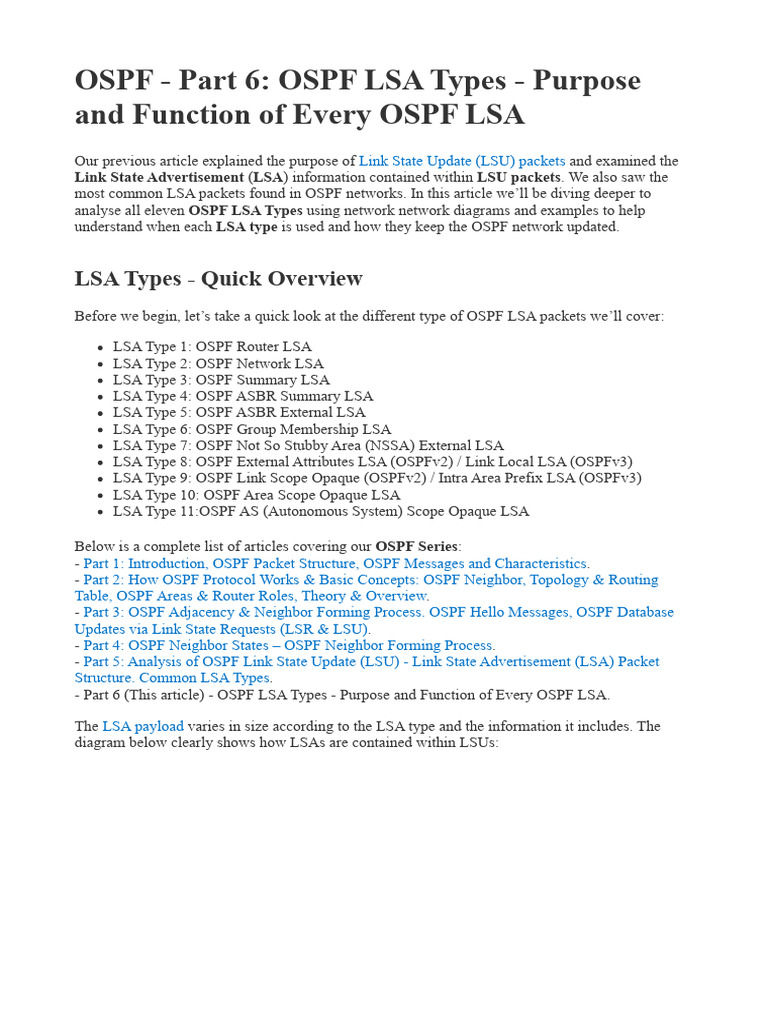 OSPF LSA Types and LSA Flooding Explained | PDF | Computer Network | Data Transmission