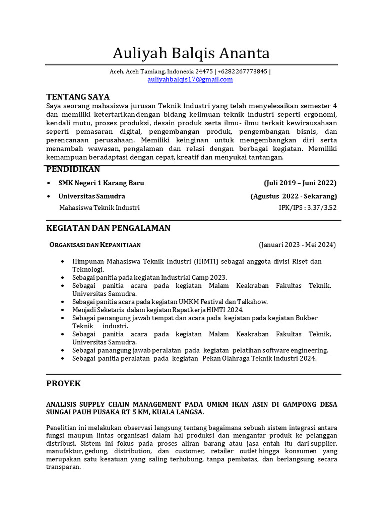 CV Auliyah Balqis Ananta | PDF | Komputer