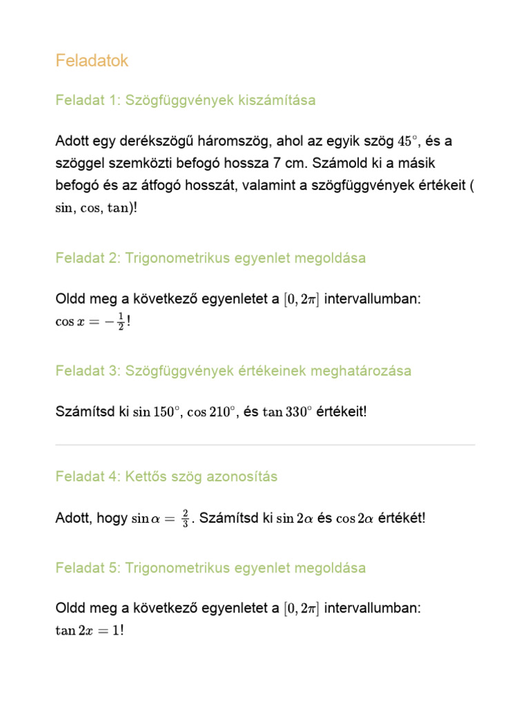 Trigonometria Feladatok 1 | PDF