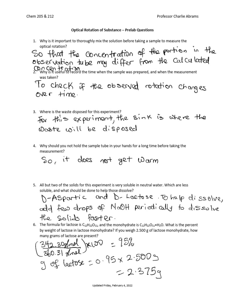 Lab 3 - Determination of The Optical Rotation of A Substance | PDF ...