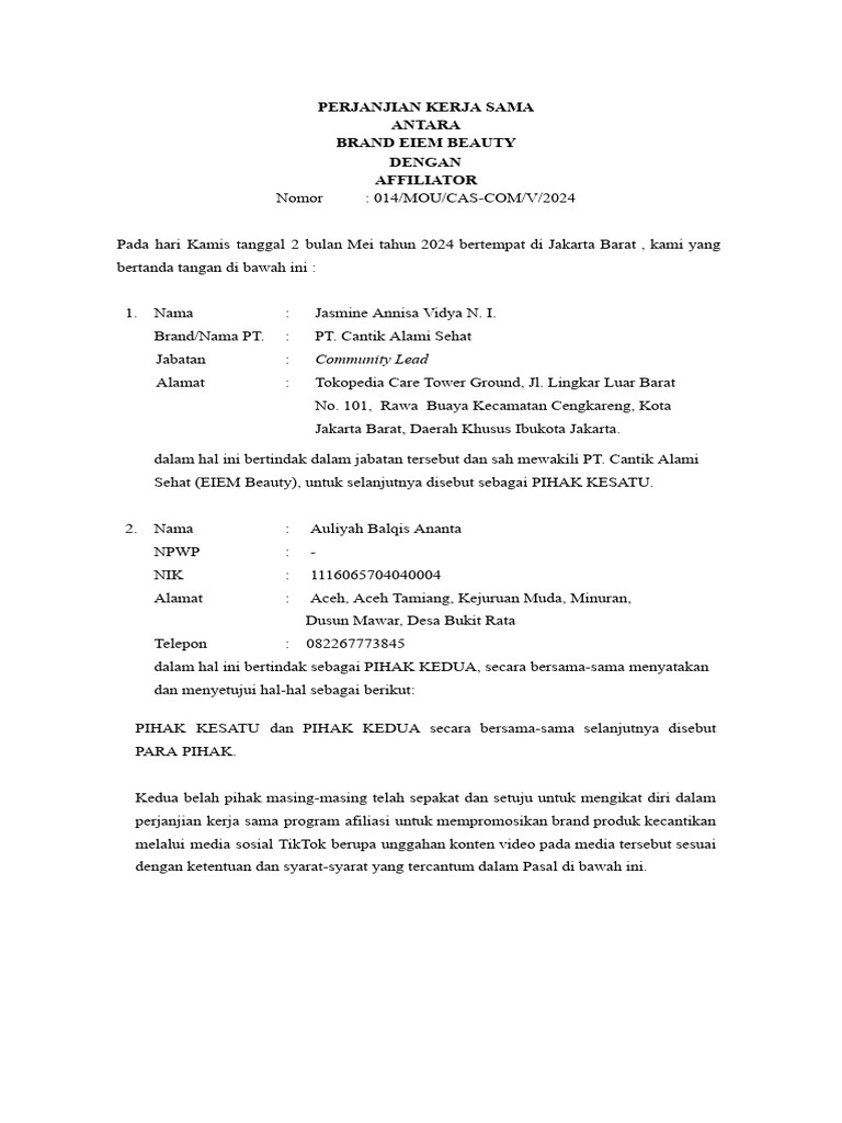 14 MOU CAS-COM V 2024 Auliyah Balqis Ananta Perjanjian Kerjasama Affiliator PDF | PDF