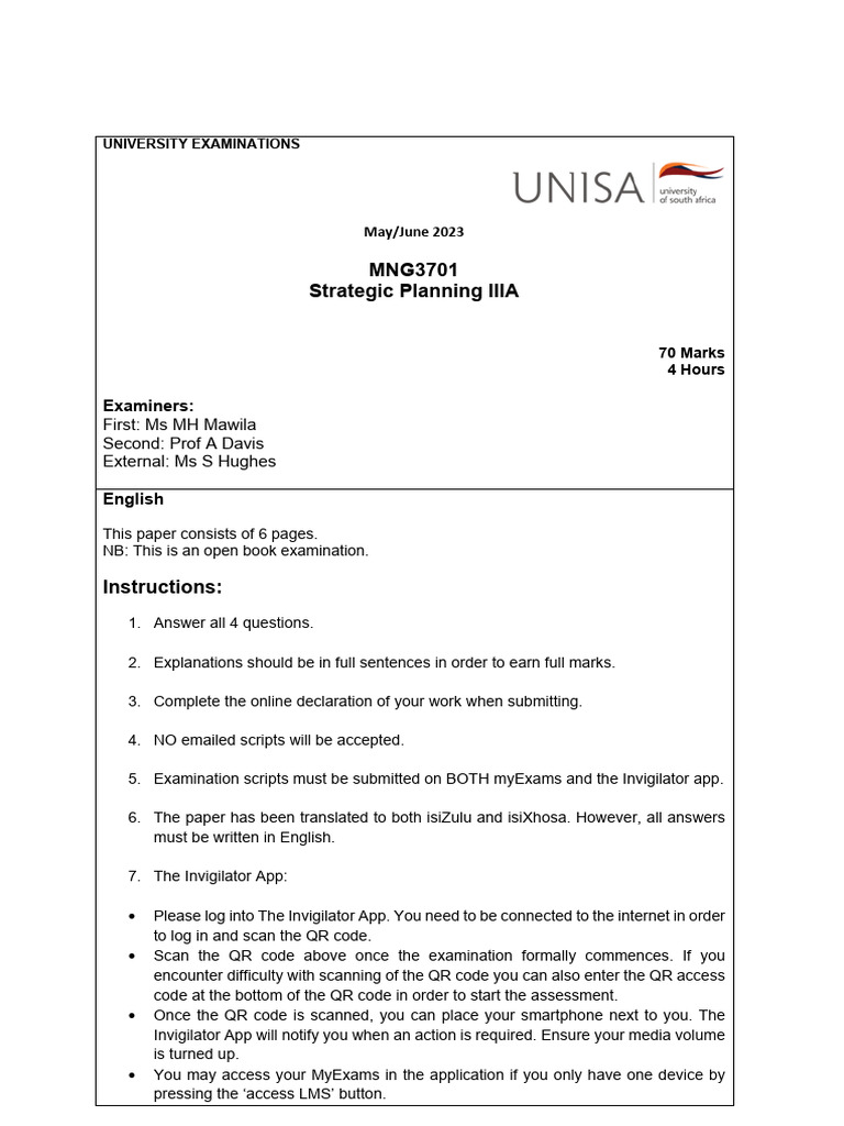 MNG3701 Exam Paper: Strategic Planning | PDF | Mc Donald's | Franchising