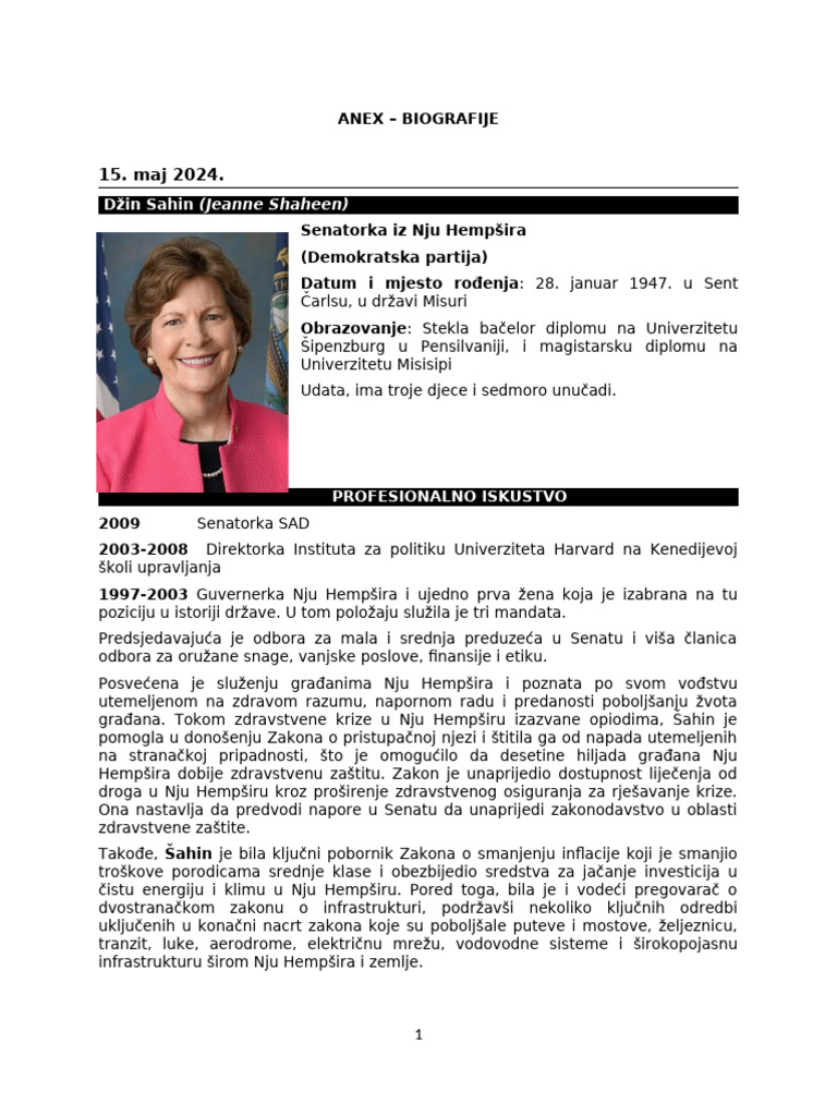 Maj 2024 - ANEX Dopuna Biografija Za Posjetu Predsjednika Vašingtonu | PDF
