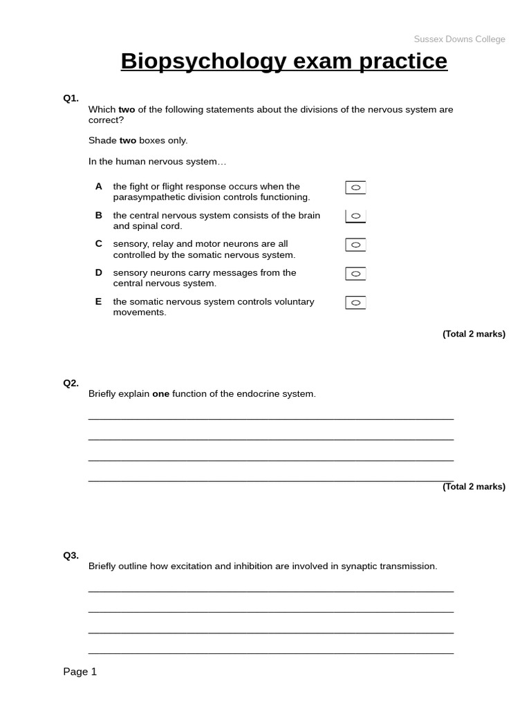 Biopsychology Exam Practice | PDF