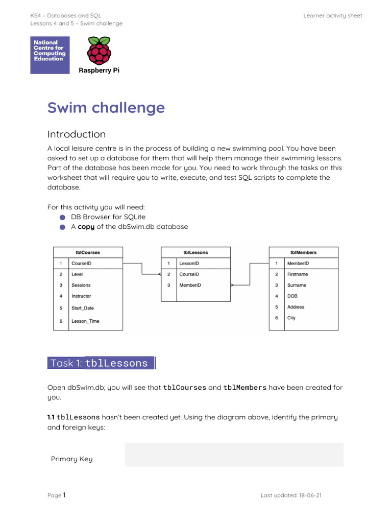 A1 Worksheet - Swim Challenge | PDF