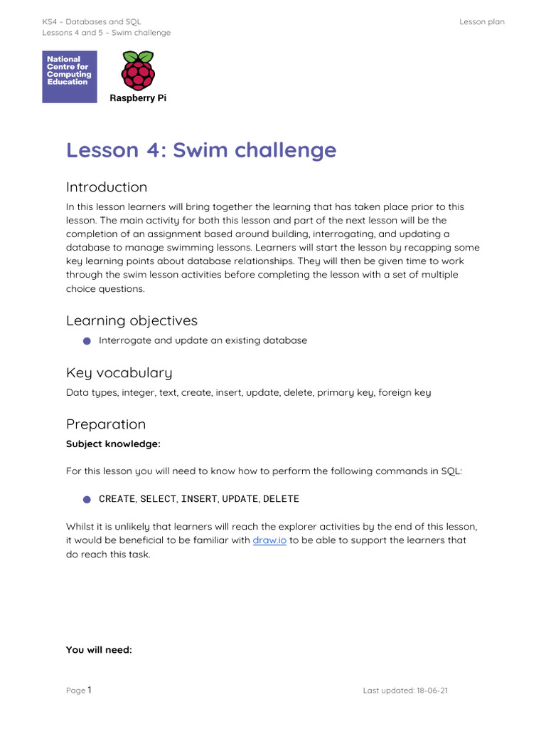 L4 Lesson Plan - Databases and SQL - KS4 | PDF