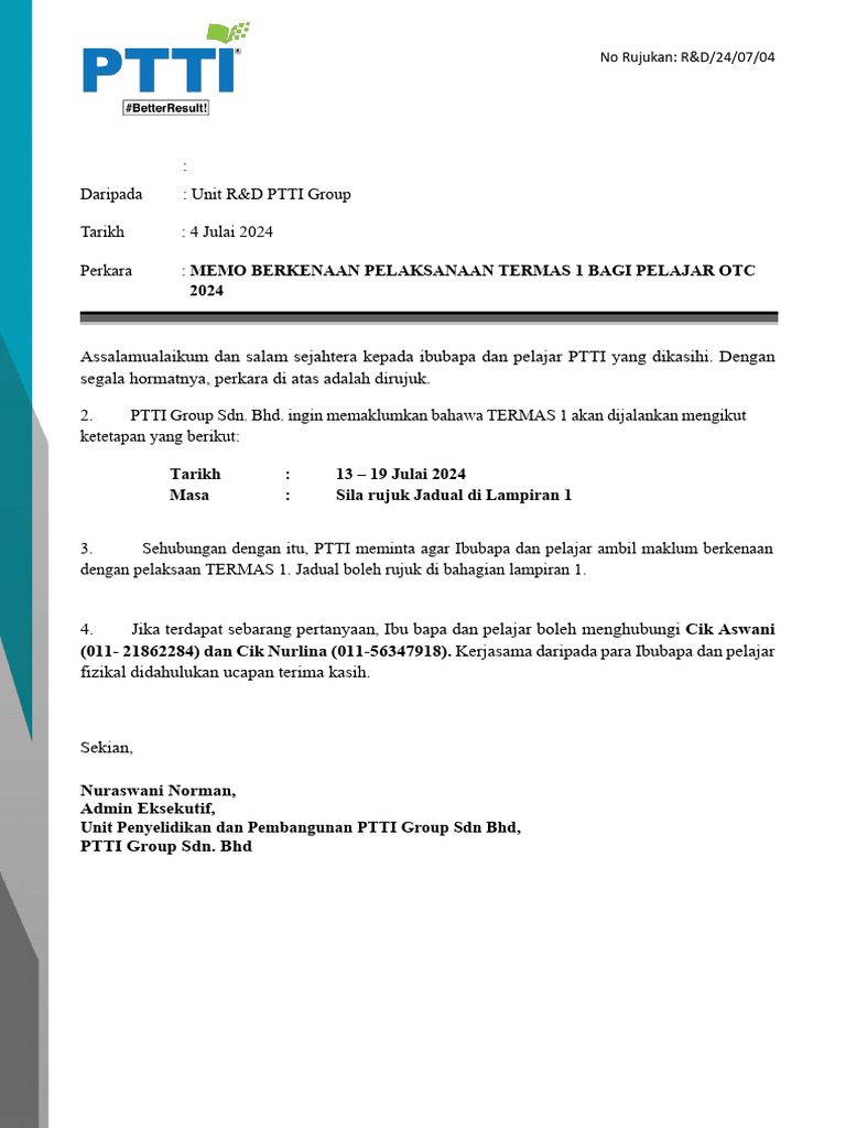 Memo Berkenaan Pelaksanaan Termas 1 Bagi Pelajar Otc Julai 2024 ...